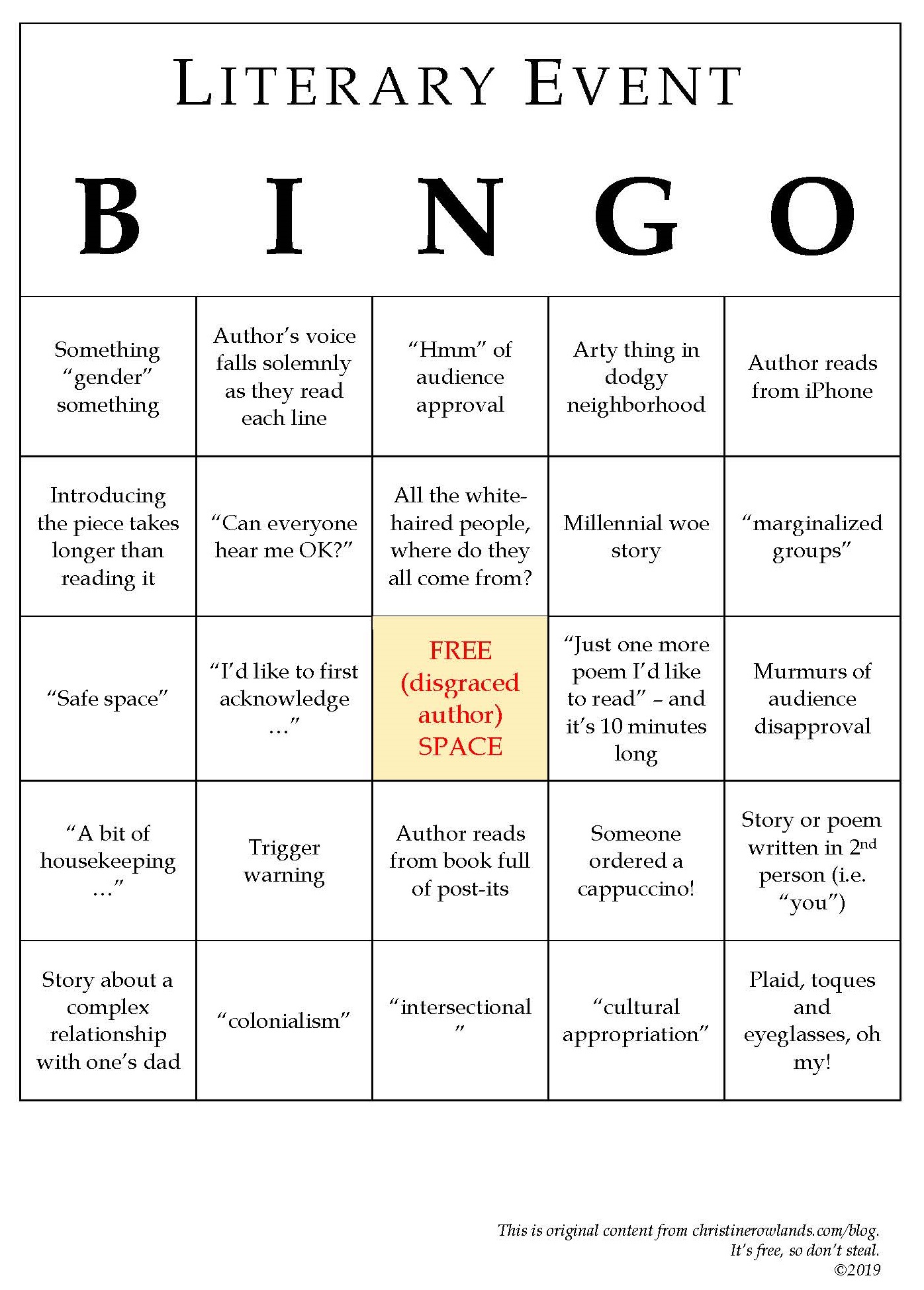 Play literary event bingo – Christine Rowlands Writing & Editing